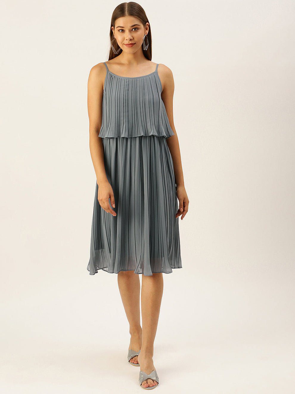 Grey Accordion Pleated Layered Georgette Dress Pinkberry Apparels