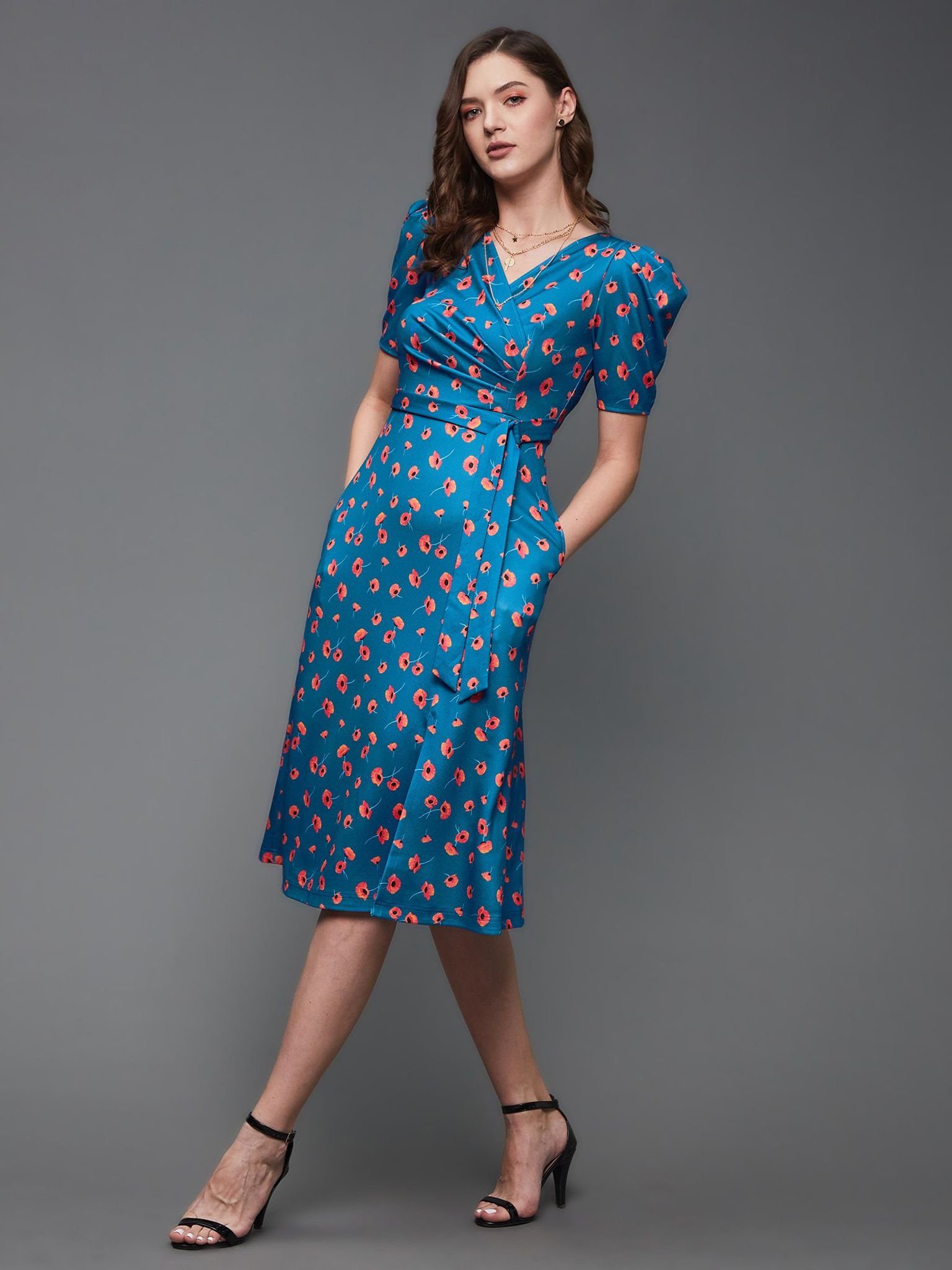 Classy Blue Floral Patterned Midi Dress – Pinkberry Apparels