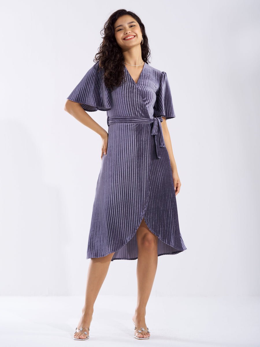 Chic Silver Grey Velvet Faux Wrap Dress – Pinkberry Apparels